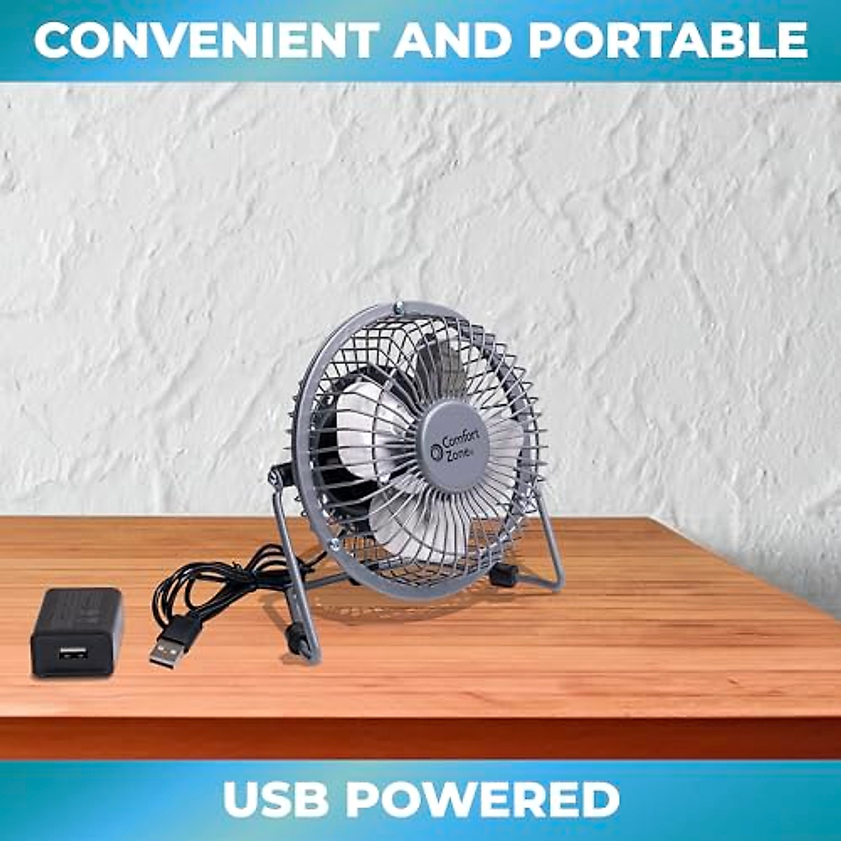 Comfort Zone Mini Portable Desk Fan with 360-Degree Adjustable Tilt, Dual Powered (USB or Power Cord), 4 inch, All-Metal Construction, Airflow 3.31 ft/sec, Ideal for Home, Bedroom & Office, CZHV4S