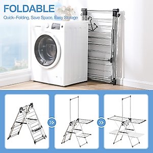 APEXCHASER Clothes Drying Rack, Foldable 2-Level Drying Racks with High Hanger, Metal Laundry Stand with Height-Adjustable Gullwings