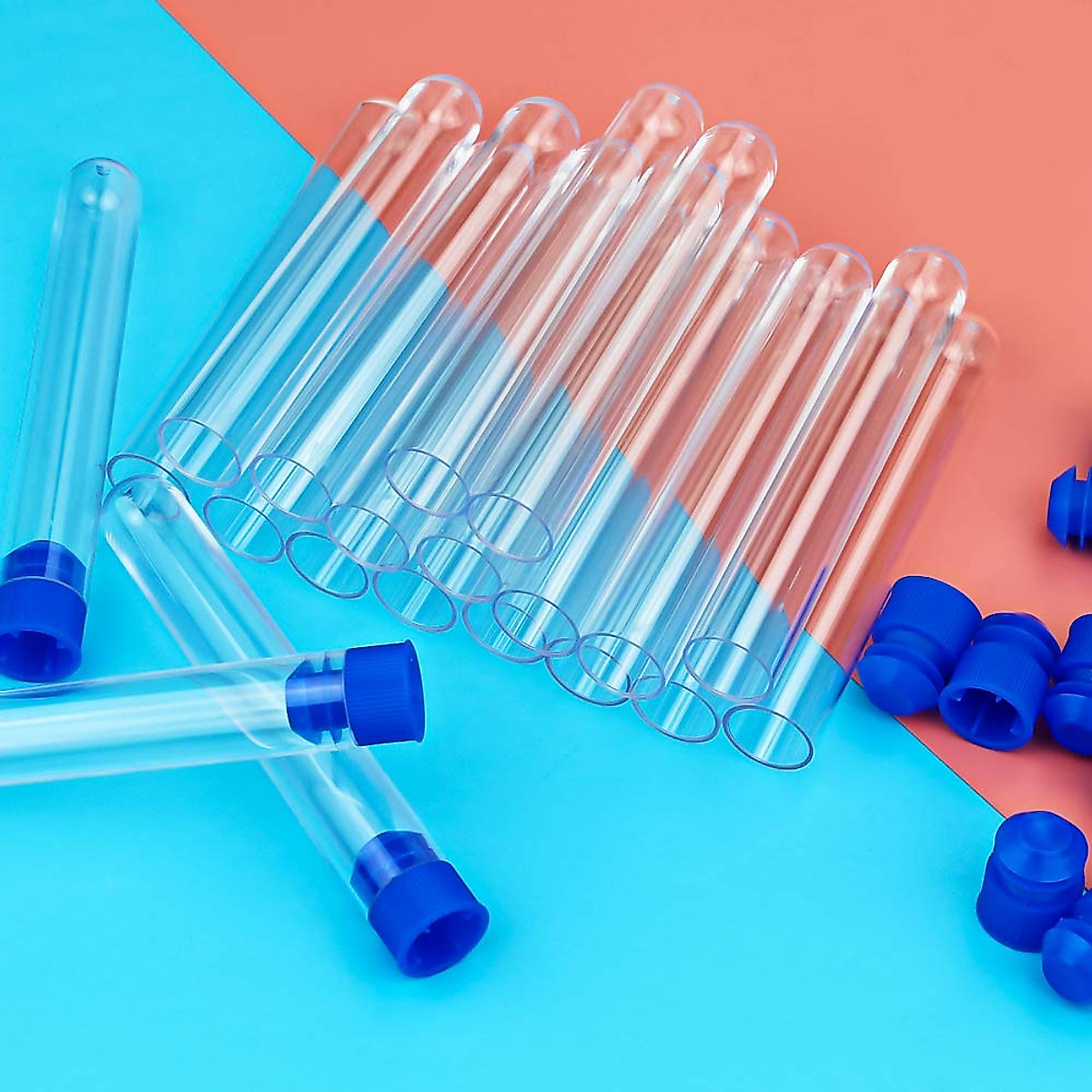 WYKOO 50 Pcs 13ml Clear Plastic Test Tubes with Blue Cap, 16x100mm Vials Container Sample Tubes for Liquid, Scientific Experiments, Craft, Party Supplies, Candy Storage, Home Decoration
