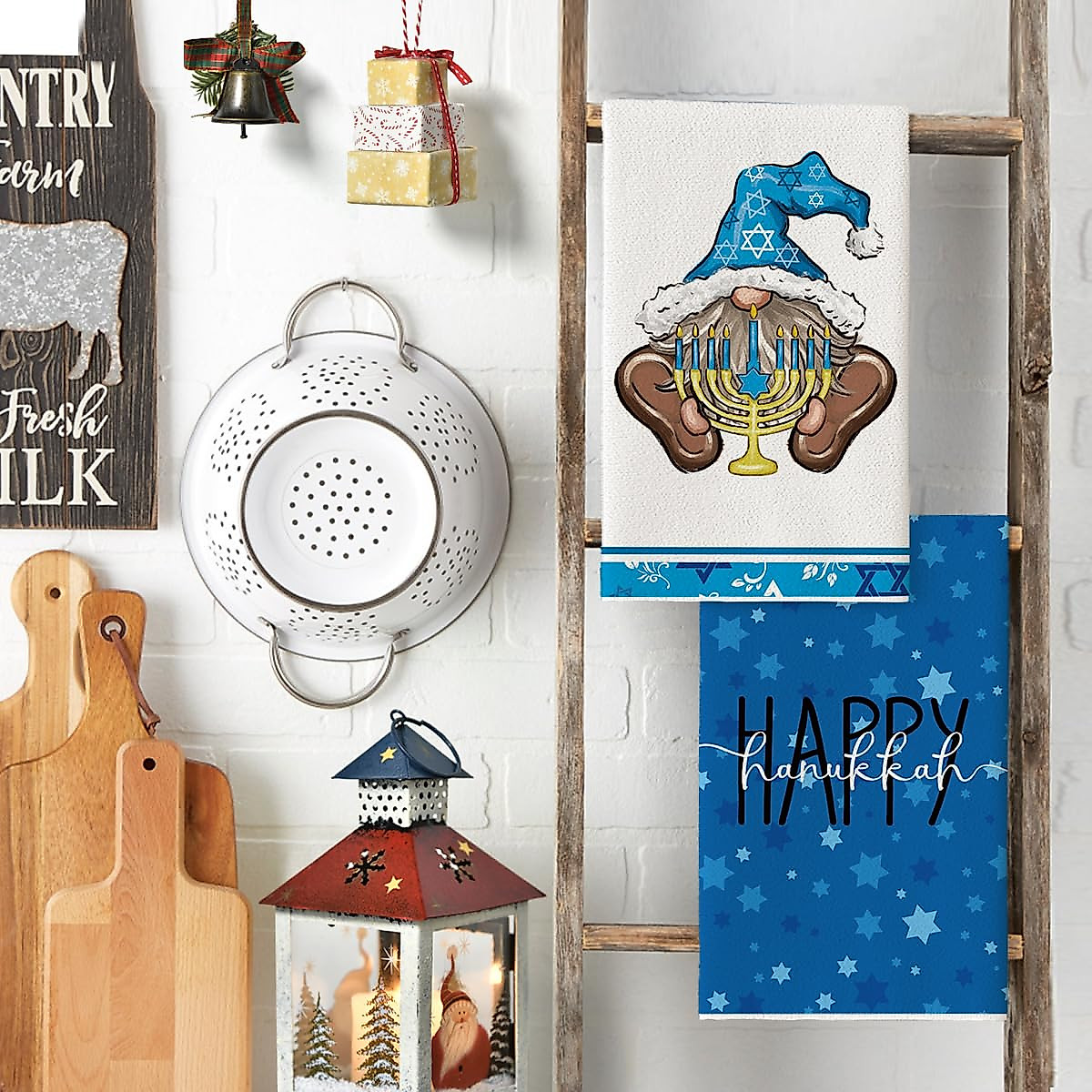 Artoid Mode Menorah Gnomes Stars Happy Hanukkah Kitchen Towels Dish Towels, 18x26 Inch Seasonal Christmas Decoration Hand Towels Set of 2