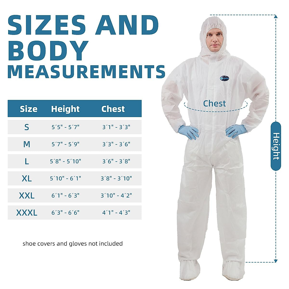 VVicogard Protective Overalls Disposable Coveralls, Front Zipper Elastic Waistband & Cuffs Ankles, SMS Isolation Coverall Suit with Hood for Hospitals, Laboratories, Medical