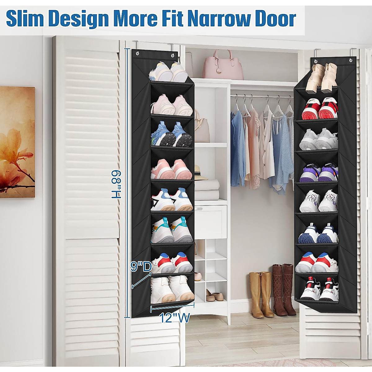 SLEEPING LAMB 2 Pack Narrow Over The Door Shoe Organizer with 8 Large Deep Pockets, Hanging Shoe Rack for Closet Door Storage for Boots, Sneakers (Black)