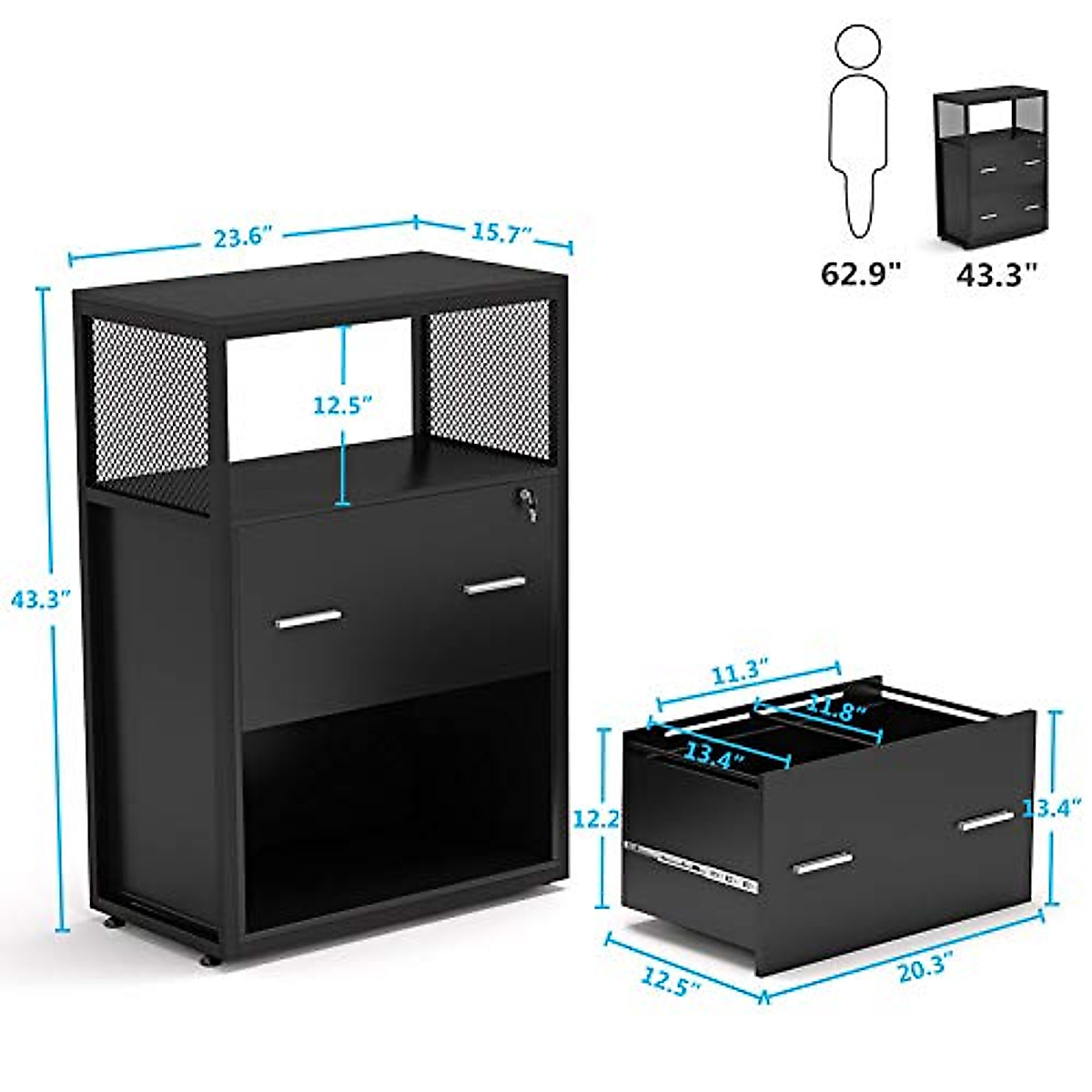 Tribesigns 2 Drawer Lateral File Cabinet with Lock, Letter/Legal / A4 Size, Large Modern Filing Cabinet Printer Stand with Metal Wire Open Storage Shelves for Home Office (Black)