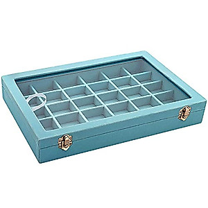 Sky Piea 30 Grid Velvet Glass Jewelry Box Jewellery Organiser Earring Ring Storage Holder Case Box (Sky Blue)
