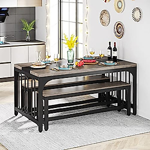 Tribesigns 55 Inch Dining Table Set for 4-6, 3-Piece Kitchen Table with 2 Benches, Space-Saving Dining Room Table Set for Home Kitchen, Restaurant, Grey