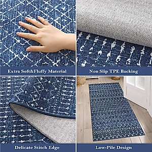 Beeiva Moroccan Washable Living Room Rug, Printed Soft 5x7 Rug with Rubberback Non Slip, Low Pile Distressed Blue Rug No Shedding Dining Room Rug for Bedroom Office