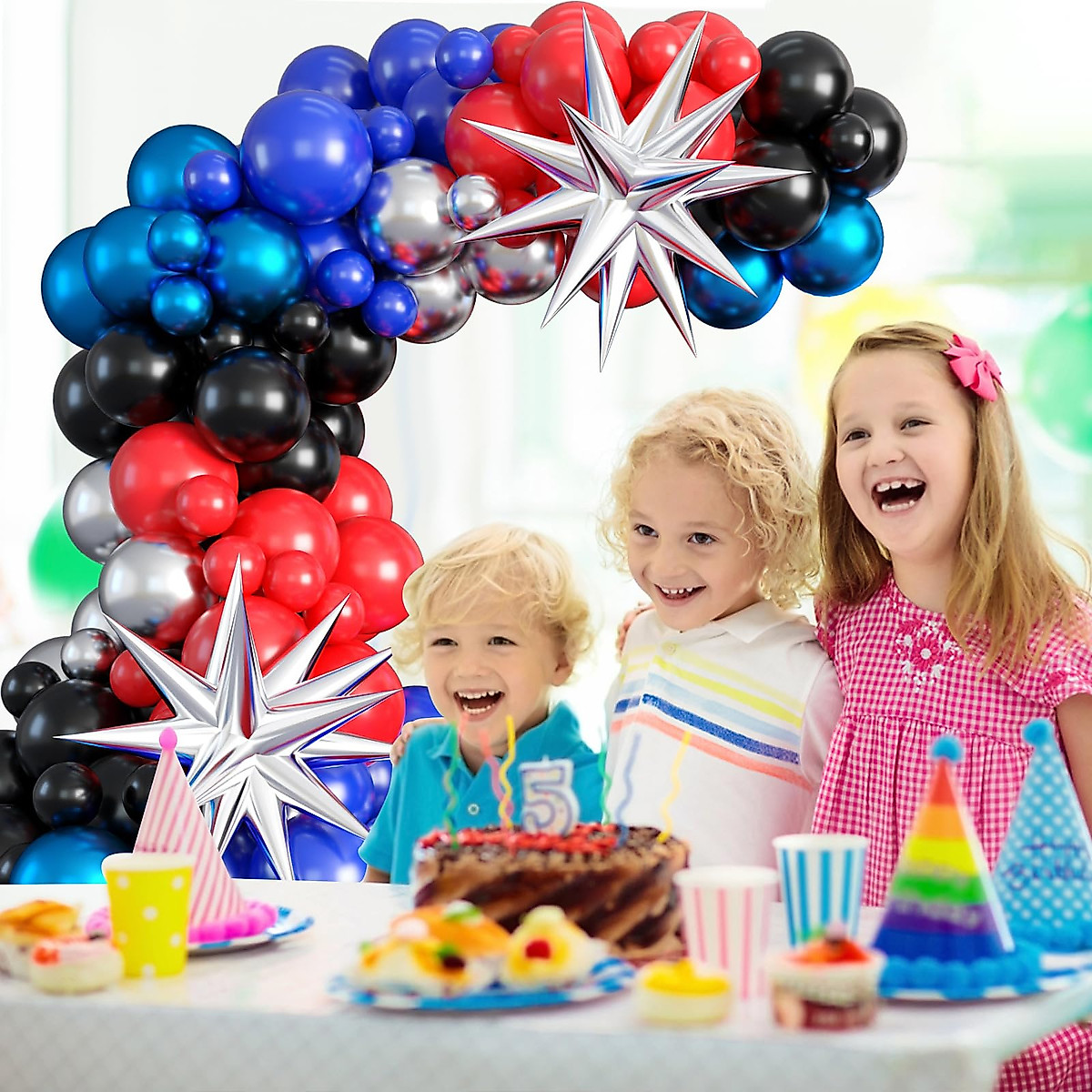 GREMAG Red Blue Black Balloon Arch, 122 Pcs Spider Theme Balloon Garland Kit, Royal Blue and Metallic Silver Blue Balloons with Two Silver Explosion Star Foil Balloon, for Boys Hero Theme Party Decor