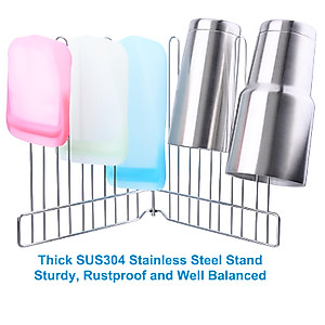 LEKUSHA Reusable Bag Drying Rack, Foldable Freezer Bag Dryer, SUS304 Stainless Steel Drying Stand for Gallon, Quart, Sandwich, Snack Bag, Plastic Silicone Storage Bag