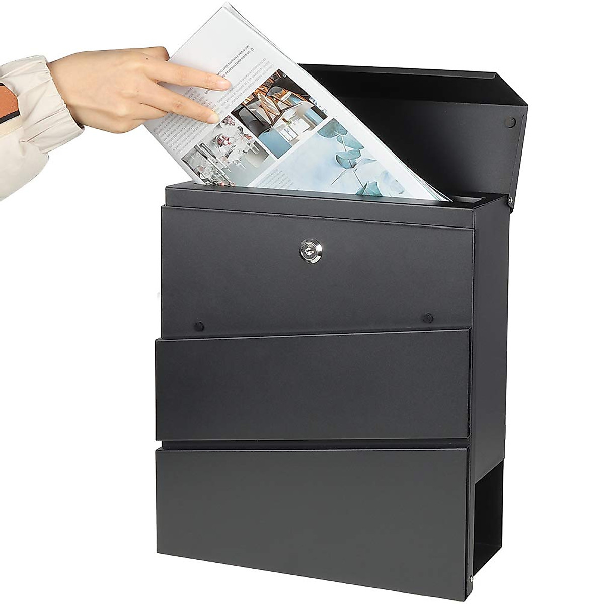 Decaller Metal Wall Mounted Mailboxes with Key Lock, Large Mail Box with Newspaper Compartment, Black, 13" x 14 2/5" x 4 1/5"