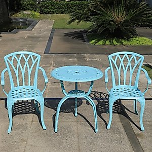 KAILI 3 Piece Bistro Table Set Cast Aluminum Outdoor Patio Furniture with Chair with armrests (Light Blue)