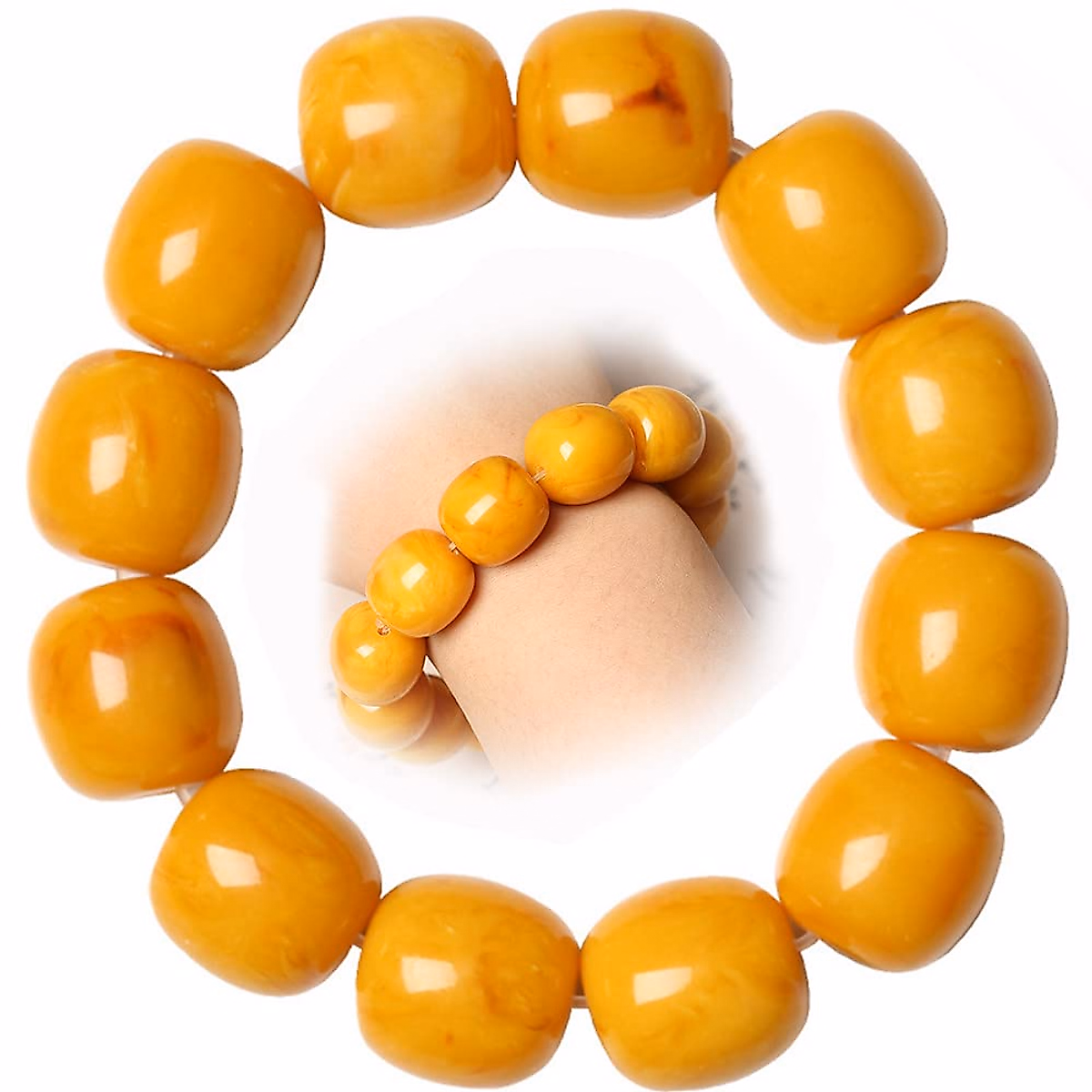 DHJY Natural Amber Chicken Oil Yellow Beeswax Bracelet Original Stone Single Circle Bead Bracelet Jadeware Jewelry Unisex,18mmX18