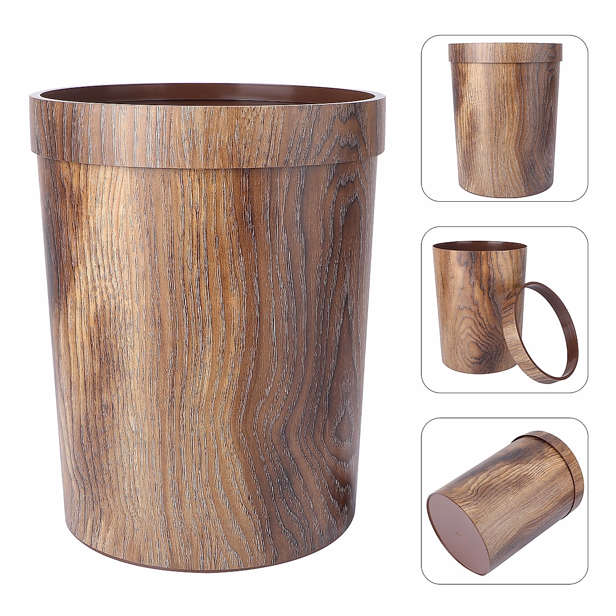 VICASKY Bathroom Wastebasket Farmhouse Container - Trashcan Vintage Wood Grain Bathroom Trash Can 10L Round Wastebasket Farmhouse Garbage Container Waste Retro Modern Small Basket Brown