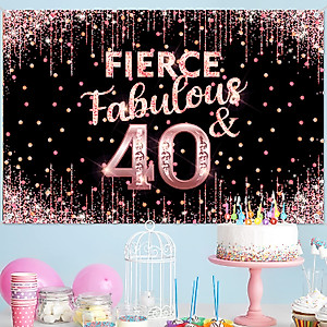 Happy 40th Birthday Backdrop Banner Fierce Fabulous and 40 Decorations for Women 40 Years Old Bday Background Rose Gold Pink Photography Party Decor Sign Supplies
