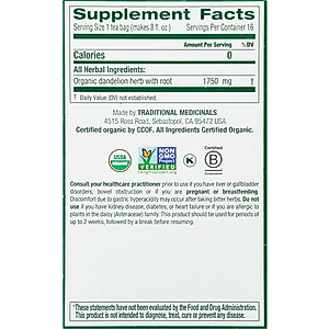 Traditional Medicinals Tea, Organic Dandelion Leaf & Root, Supports Kidney Function & Healthy Digestion, 16 Tea Bags