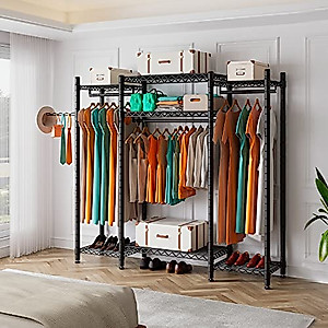 PUNION Clothing Rack Heavy Duty Clothes Rack, L Shaped Pro Garment Rack with 7 Shelves, Sturdy Metal Wardrobe Closet Rack for Hanging Clothes, 56" L x 14" W x 71" H, Max Load 520lbs, Black, GR7L