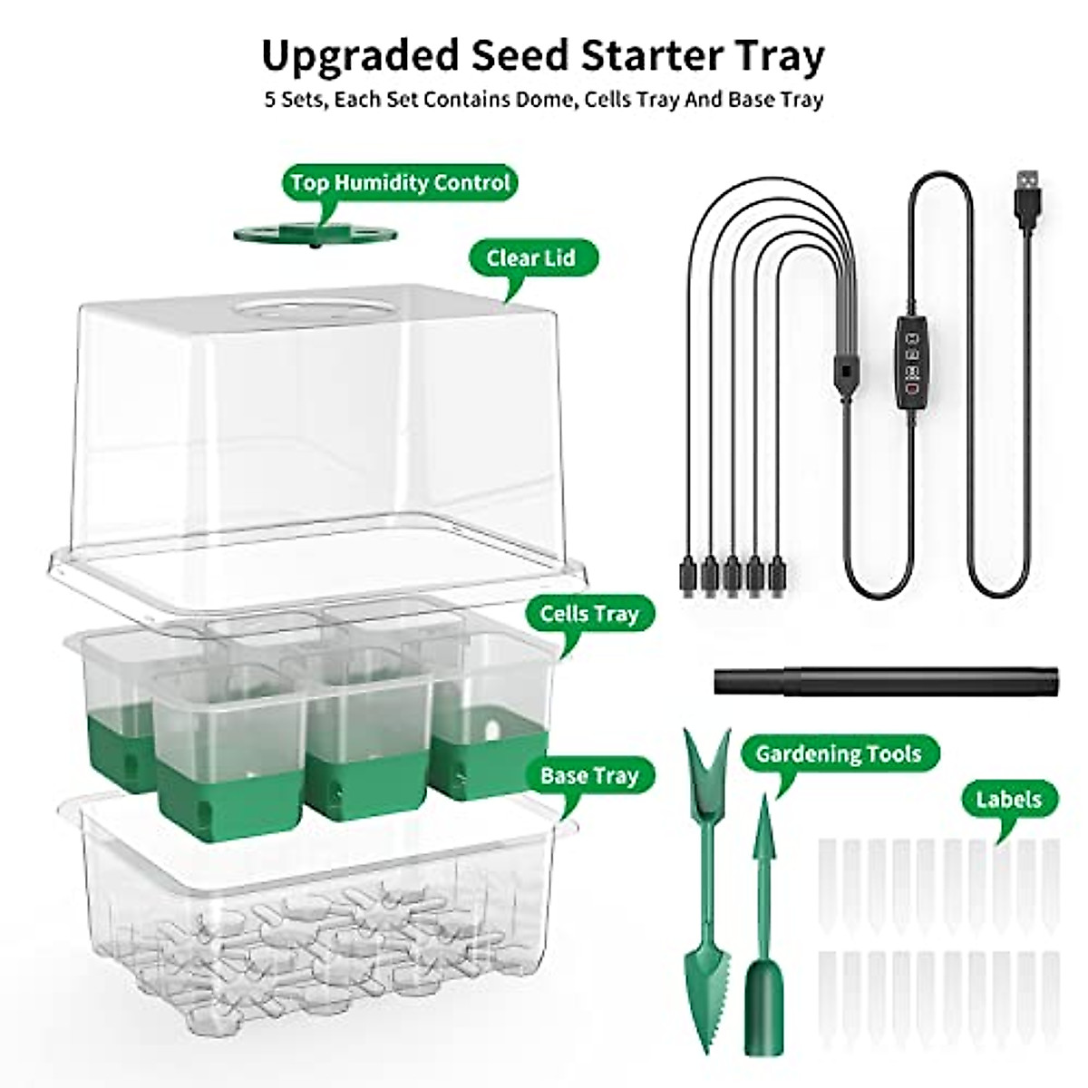 Seed Starter Tray with Grow Light, 30 Large Flexible Pop-Out Cells, 5 Pack Seedling Starter Trays with Air Vent Humidity Dome, Seed Starting Kit for Greenhouse Seeding Planting Growing[Clear Base]