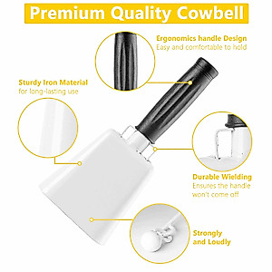 Steel Cow Bell with Handle Cowbells,Cheering Bell and Loud Noise Makers Hand Bells for Sporting Events,Football Games,School Bell,Farm Hand Chimes Percussion Musical Instruments (8 inch White)