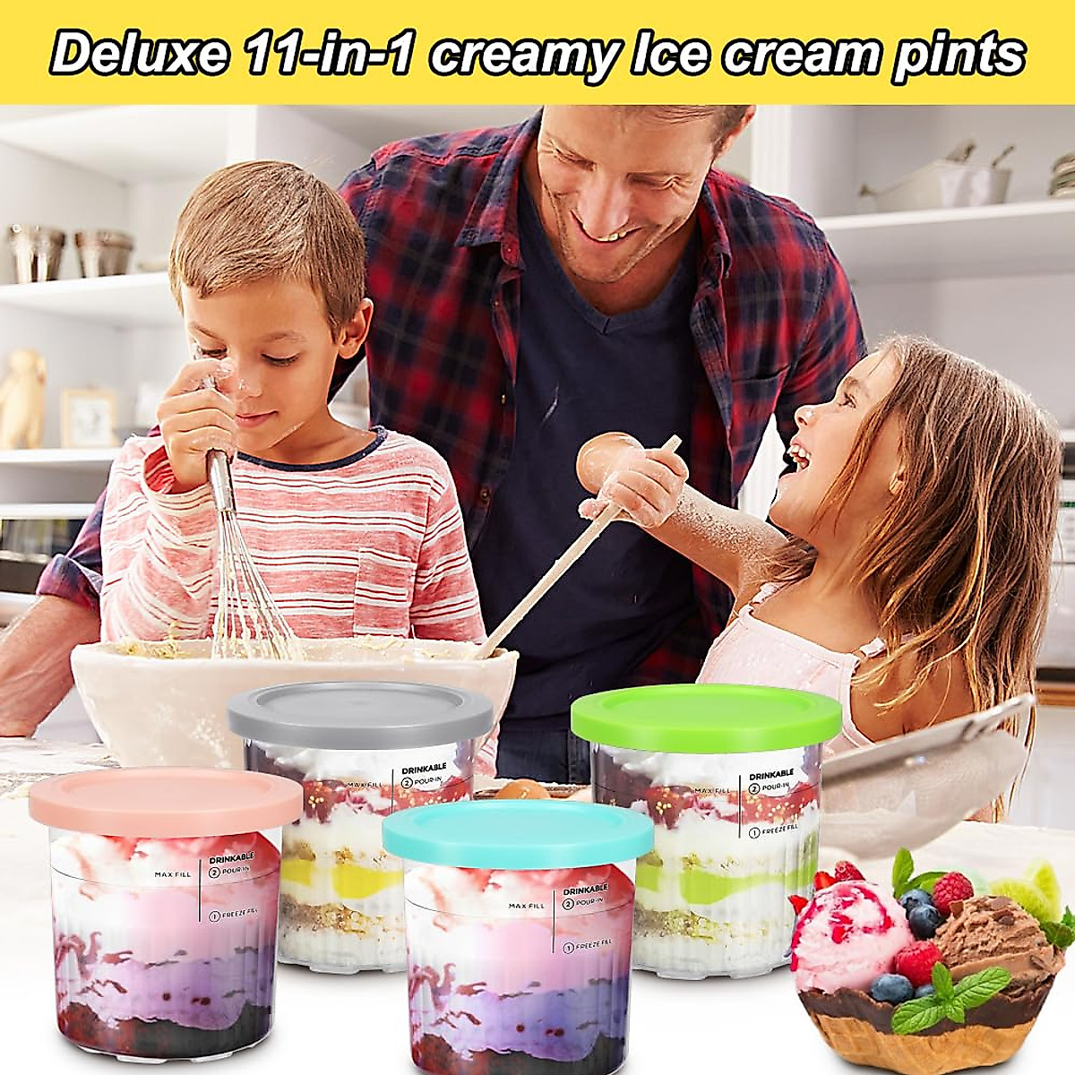 Advantez Replacement For Ninja Creami Deluxe Pints and Lids-4 Pack, 24oz Reusable Ice Cream Containers Dishwasher Safe, Compatible With NC501 NC500 Series 11-In-1 Ninja Ice Cream Maker