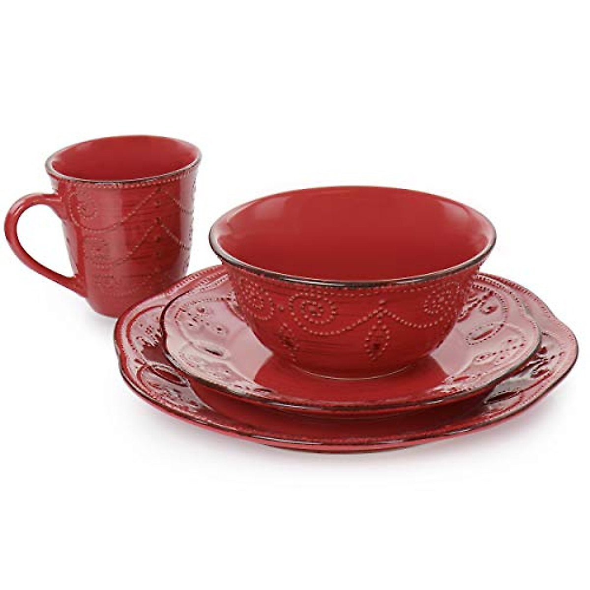 Elama Embossed Scalloped Round Stoneware Dinnerware Dish Set, 16 Piece, Red with Brown Accents