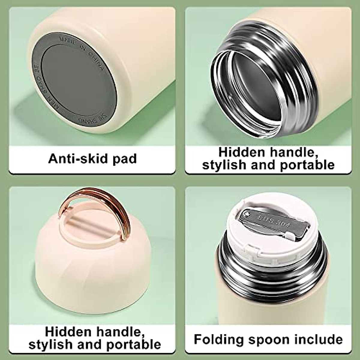 MultiOutools Vacuum insulated food jars with carry handle , stainless steel soup thermos for hot/cold food, Food containers with foldable spoon for Camping