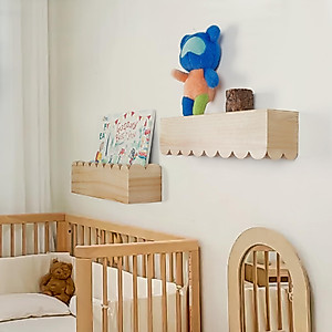 Zouboat Scalloped Floating Nursery Bookshelves for Wall Set of 2,Natural Wood Wall Bookshelf for Kids Rooms, Preassembled Baby Bookshelf,Hanging Storage Shelves (Burlywood)