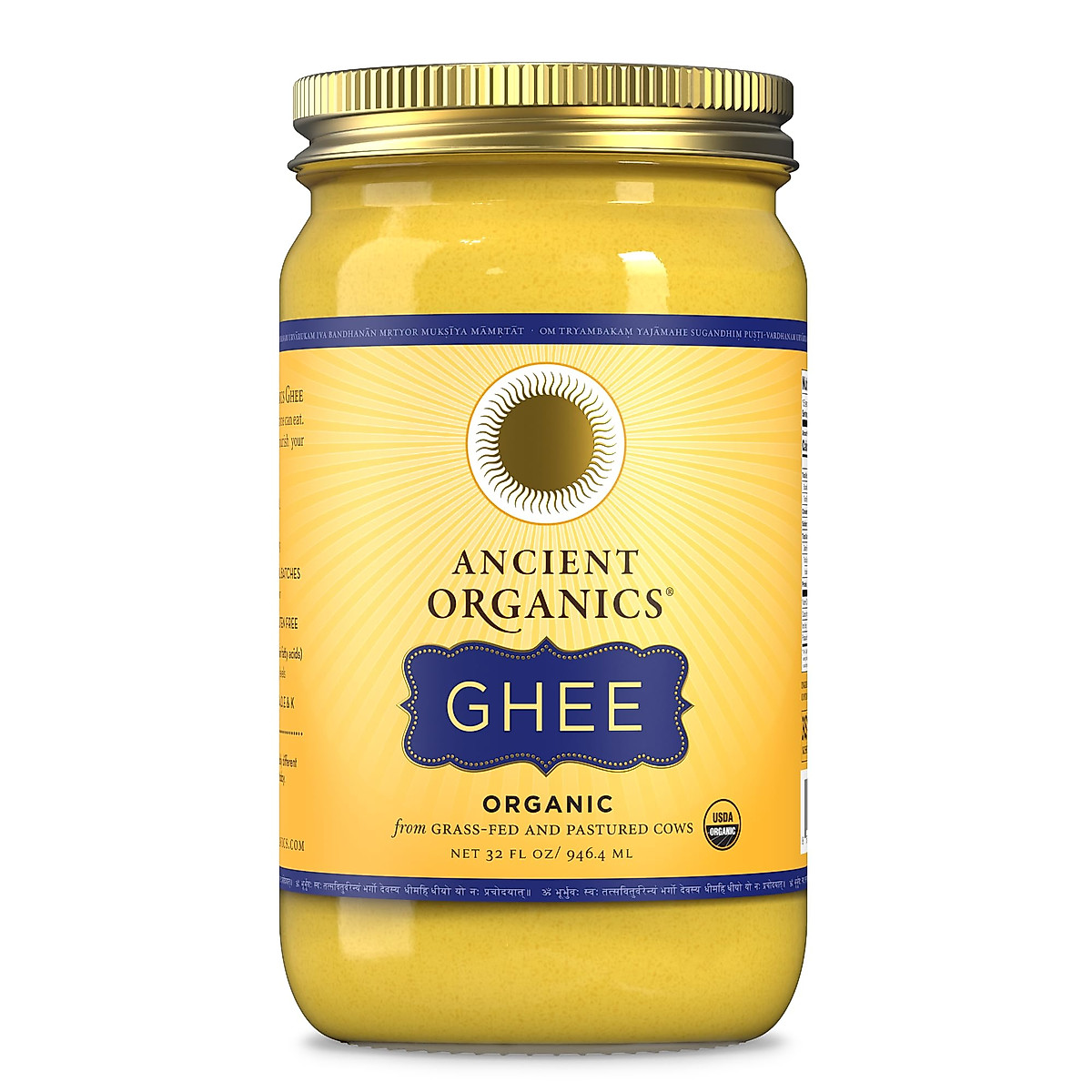 Ancient Organics Ghee, Organic Grass Fed Gluten Free Clarified Ghee Butter with Vitamins & Omegas, Lactose Reduced, 100% Certified Organic, Kosher, USDA Certified, Made in USA – 32 Fl Oz (Pack of 1)