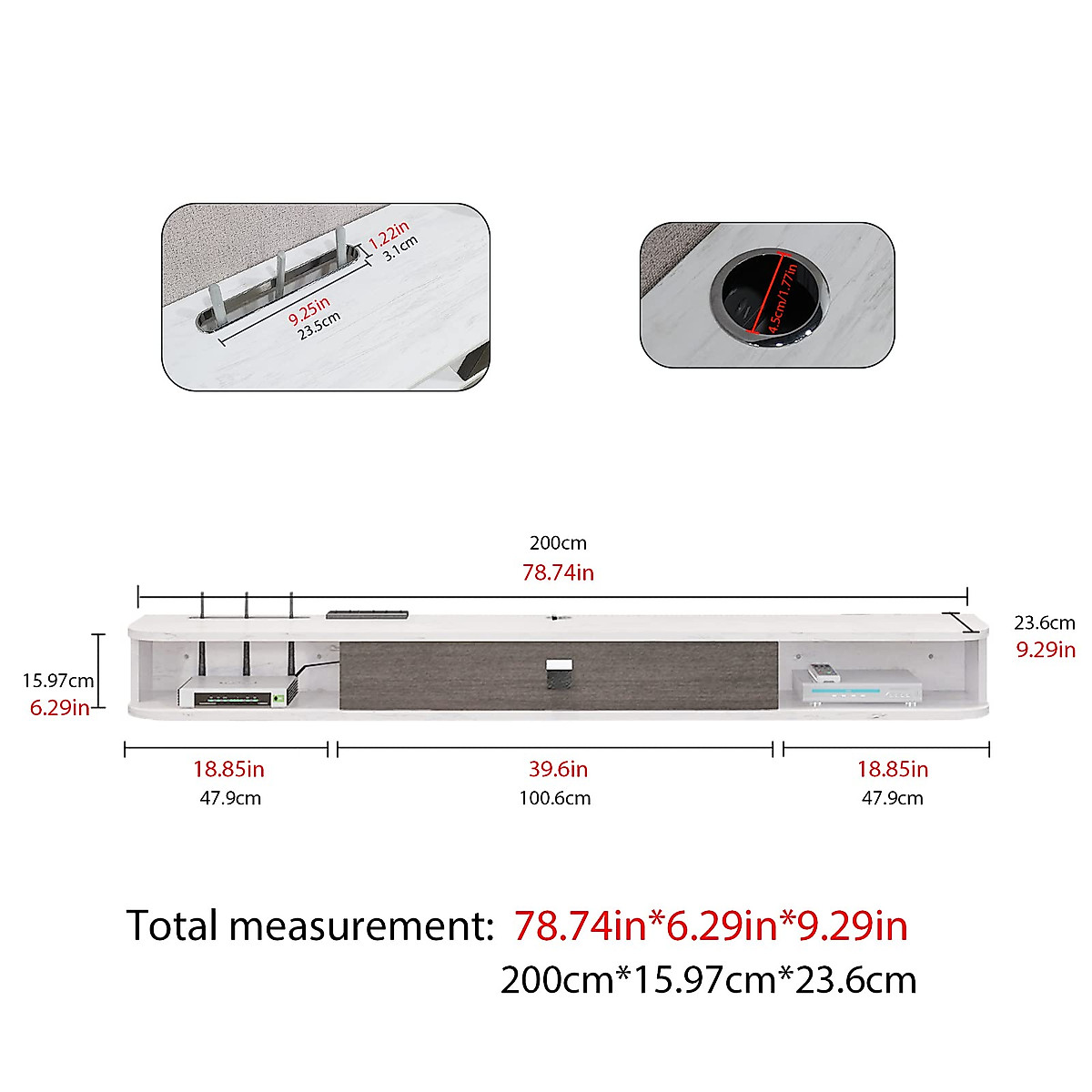 Bixiaomei Floating TV Unit, 79'' Wall Mounted TV Cabinet, Floating Shelves with Door, Modern Entertainment Media Console Center Large Storage TV Bench for Living Room & Office (78.74IN, Grey White)