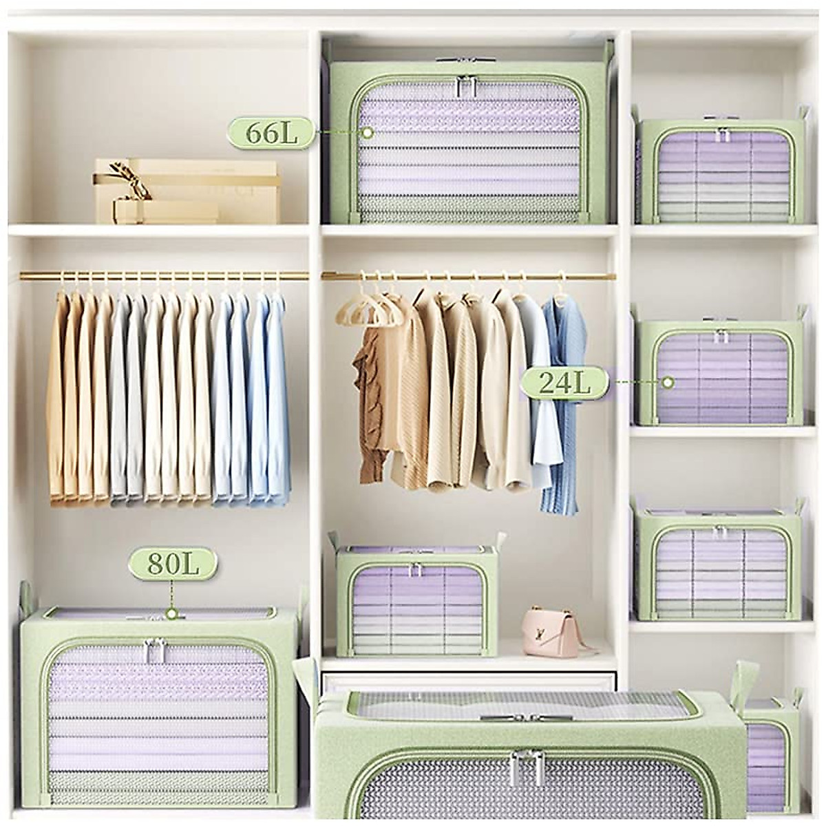 AARAINBOW Closet Clothes Organizer 3 Pcs, Stackable Storage Bins Steel Frame Storage Boxes with Lids Foldable Storage Container with Clear Window & Reinforced Handles, 24L (Gray green pink)