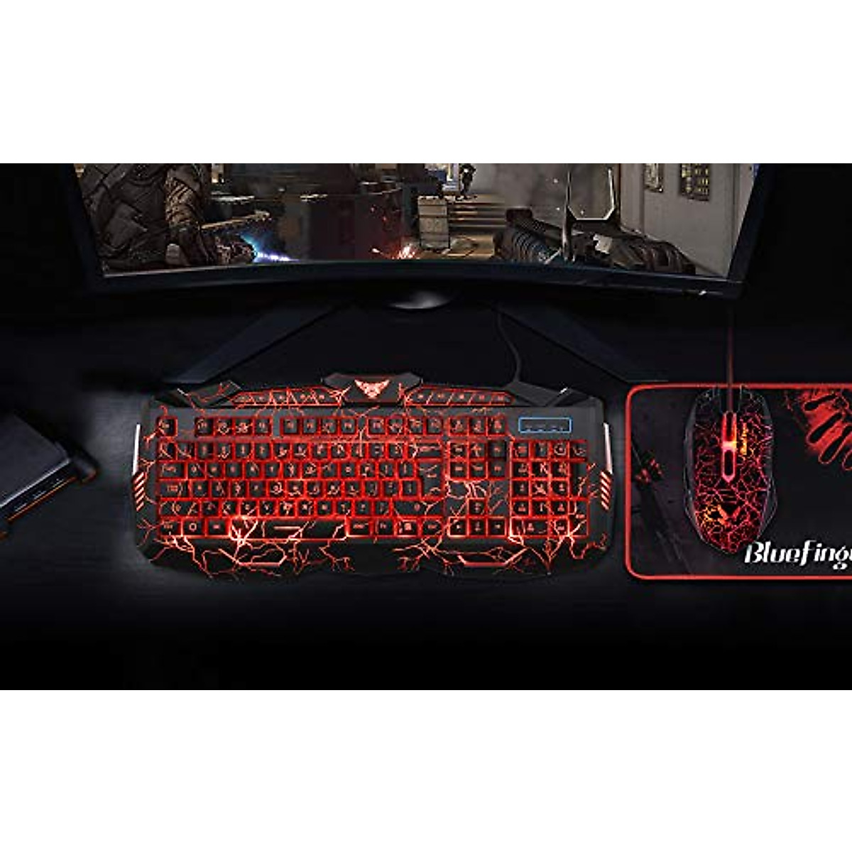 BlueFinger Backlit Gaming Keyboard and Mouse Combo,USB Wired Backlit Keyboard Mouse Game Set,Multimedia Keys,3 Color LED Crack Illumination Keyboard Mouse for Game and Work