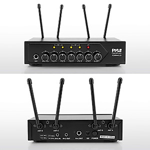 Pyle Portable UHF Wireless Microphone System - Battery Operated Four Bluetooth Cordless Microphone Set with 50 Channels Selectable Frequency, Receiver Base, AUX, PA Karaoke DJ Party - Pyle PDWM4120