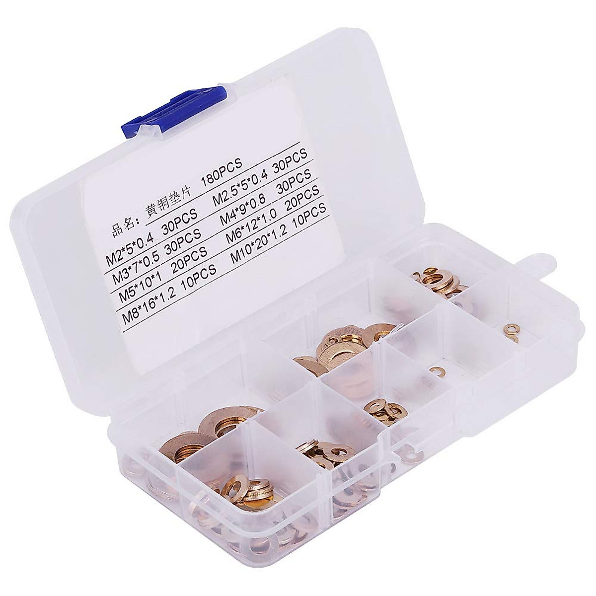 180Pcs Brass Flat Washer Assortment Set with Box M2/M2.5/M3/M4/M5/M6/M8/M10 Metal Washers