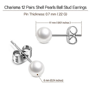 Charisma 6mm Composite Pearl Earrings Round Ball Pearls Stud Earrings Hypoallergenic 12 Pairs Imitation Pearl Earrings Set for Women