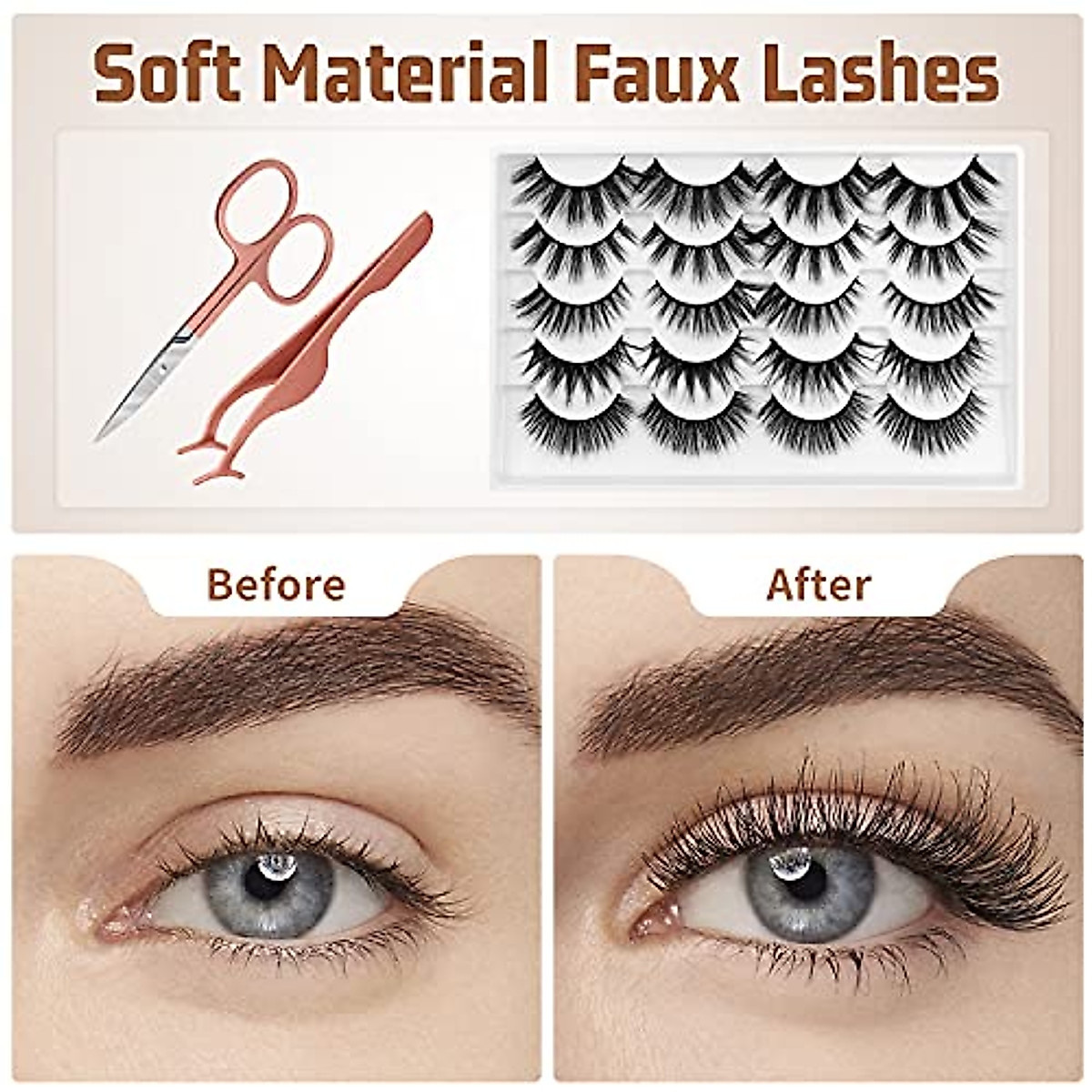 ONAFI False Eyelashes Mink Lashes Fake Eyelashes Kit Dramatic Cat-Eye Fluffy Wispies Eyelash [10 Pairs Pack-5 Styles]