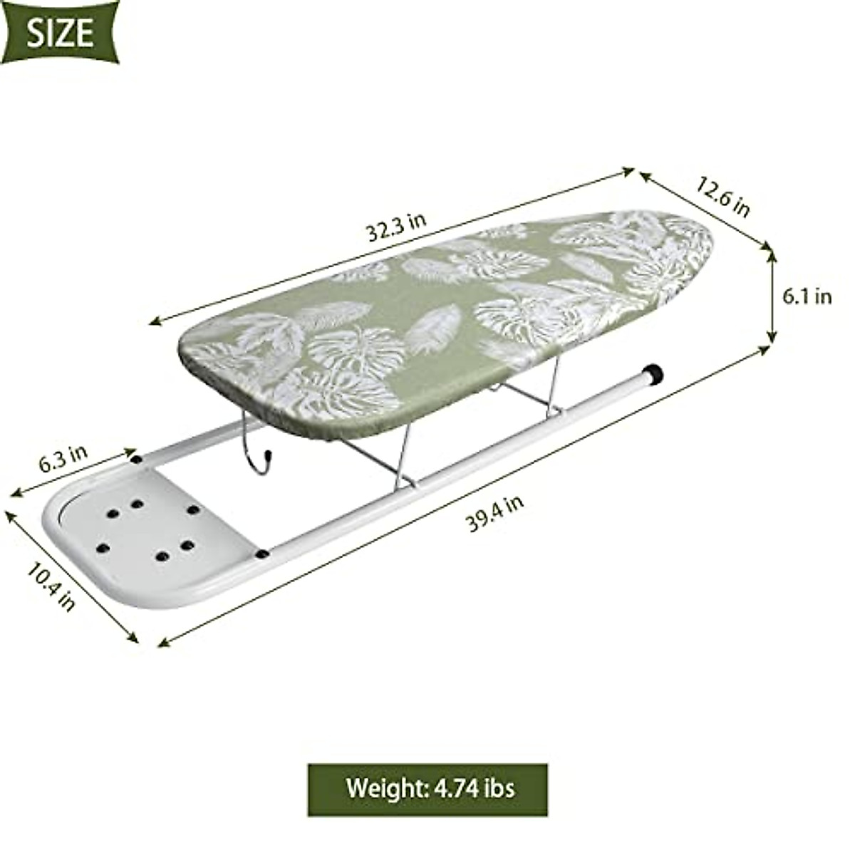 Duwee 12×32 in Table Top Ironing Board with Unique Iron Rest, Thicken Felt Padding, Heat Resistant Cover B-12x32inch-white Leaves