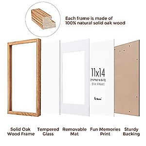 11x14 Picture Frame, 11 x 14 Solid Oak Wood Picture Frame with Real Glass, 11"x14" Wood Frames for Wall Display 8x10 Picture with Mat or 11x14 Picture without Mat, 11x14 Poster frame Art Frame