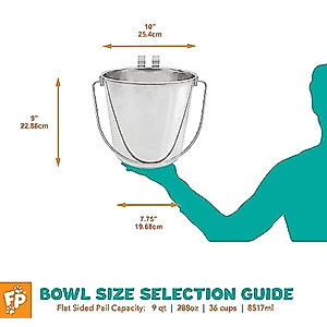 Fuzzy Puppy Pet Products Flat Sided Pail with Dual Hooks, Snugly Fit On Dog, Cat and Critter Crates & Cages, Heavy Duty Stainless Steel, 9 Quart (FSP-9)