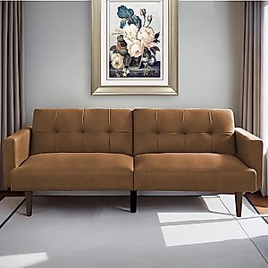 Opohoro Convertible Sofa Bed - 2-Seater Loveseat Sofa with Breathable Polyester Fabric Futon Couch for Living Room Apartment Office Bedroom-Brown