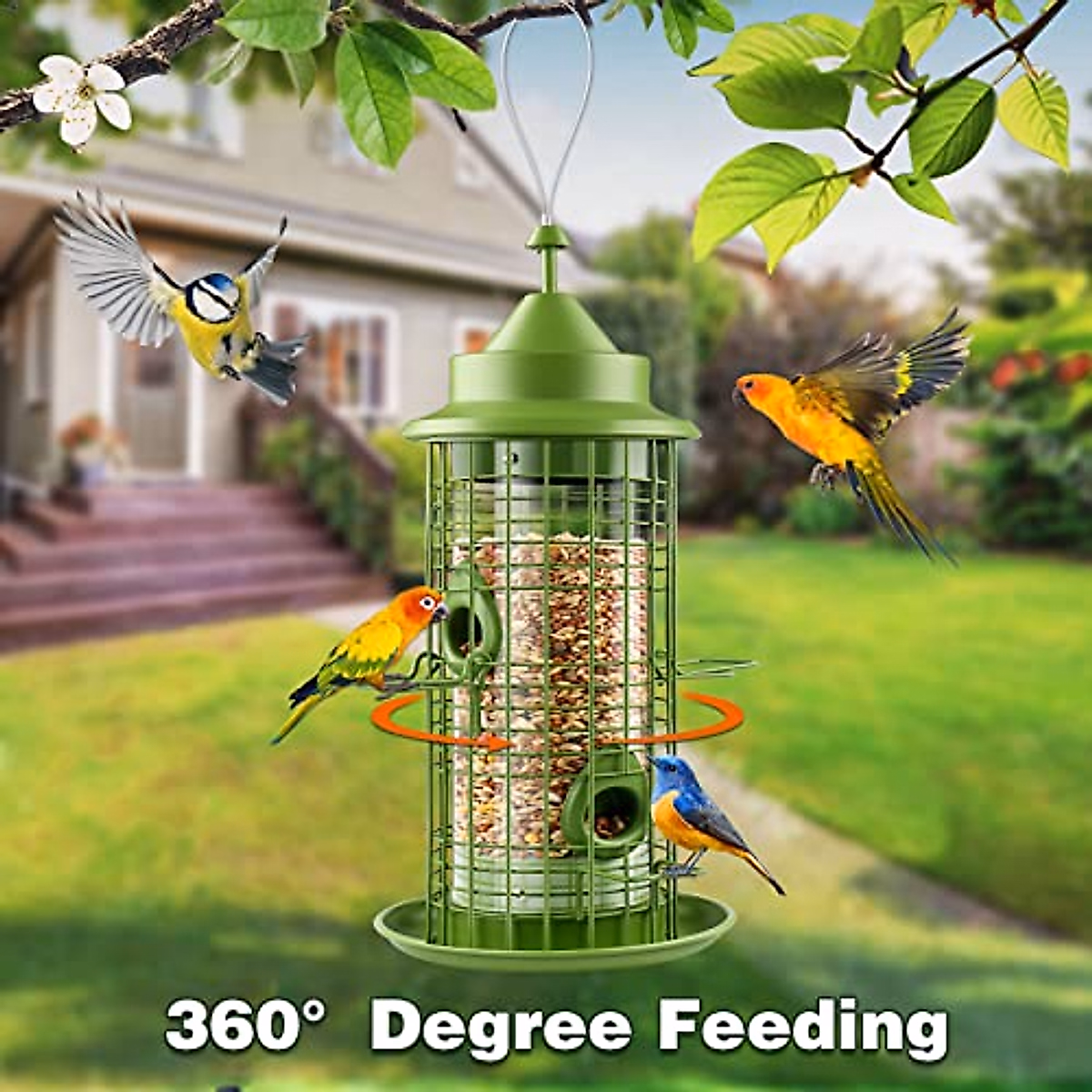 Decflow Bird Feeder, Wild Metal Bird Feeders for Outside with 4 Feeding Ports, Not 100% Squirrel Proof Hanging Birds Feeders and Garden Decoration Yard for Bird Watchers, 3.4-Pound Seed Capacity.