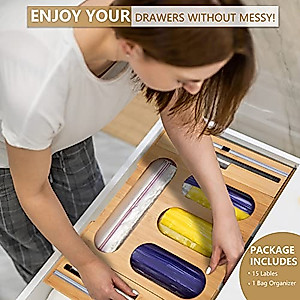 Expandable Foil Wrap Dispenser with Cutter and Bag Storage Organizer with Labels for Kitchen Drawer, Bamboo Plastic Dispenser for 12" Roll, Ziplock, Gallon, Quart, Sandwich and Snack Variety Size Bag