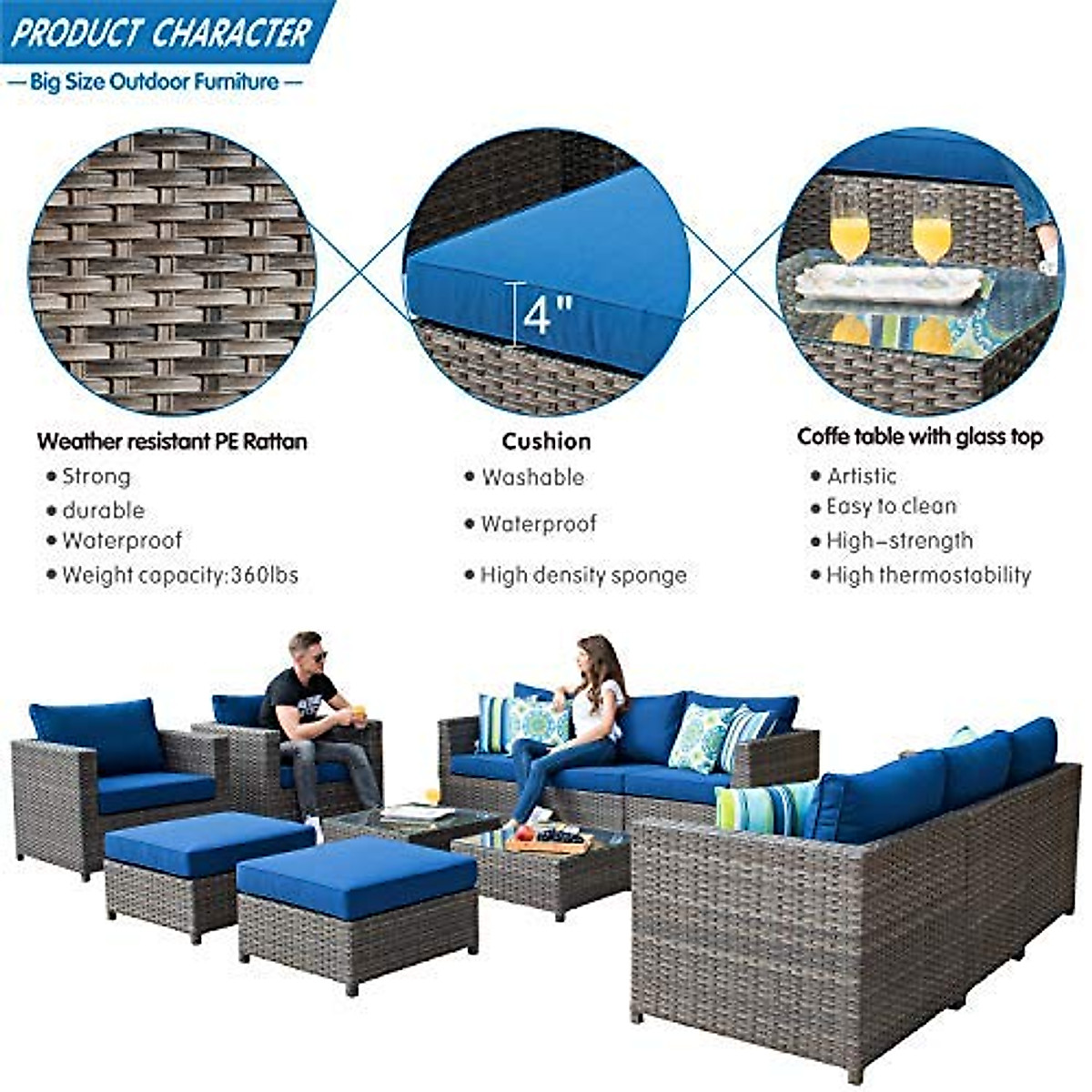 ovios Patio Furniture Set, 12 PCS Big Size Outdoor Furniture Set All Weather Rattan Wicker Sofa Sectional Set with Glass Table, Garden, Backyard, No Assembly Required (Navy Blue-Grey)