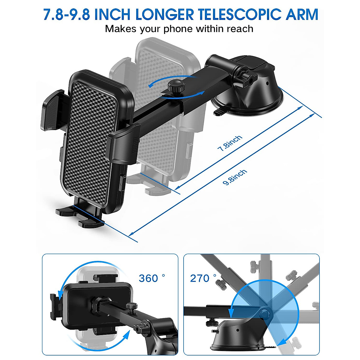 EOCAHO Car Phone Holder Mount, Upgraded Super Strong Suction Power Phone Mount for Car Dashboard Windshield Air Vent, Universal Cell Phone Holder Car Compatible with iPhone Samsung All Phones