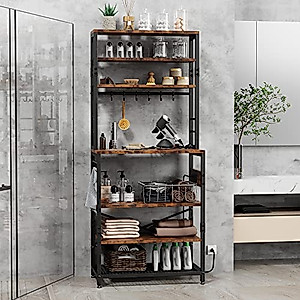 Monesti 7-Tier Kitchen Baker’s Rack with Power Outlet，Utility Storage Shelf Rack with 12 Hooks, Industrial Microwave Stand, Floor Standing Spice Rack Organizer Workstation(Rustic Brown).
