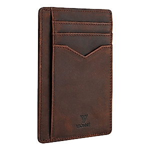 YBONNE Thin Front Pocket Wallet for Men and Women, RFID Blocking Card Holder, Made of Finest Genuine Leather (Brown)