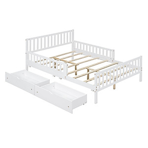 Full Bed Frame with Storage Drawers and Fence Rails, Wood Platform Beds with Headboard and Slat Support for Kids Boys Girls Teens, No Box Spring Needed, Full Size, White