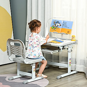 Qaba Kids Desk and Chair Set, School Study Desk with USB Light, Storage Drawer for Writing, Activities, Arts, or Crafts, Gray and White