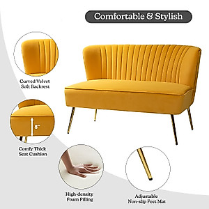 TINA'S HOME Contemporary Velvet Loveseat Sofa, Upholstered Loveseat Couch with Golden Metal Legs, Small Tufted 2-Seat Sofa Armless Love Seat for Living Room, Bedroom, Apartment Small Spaces, MUSTARD