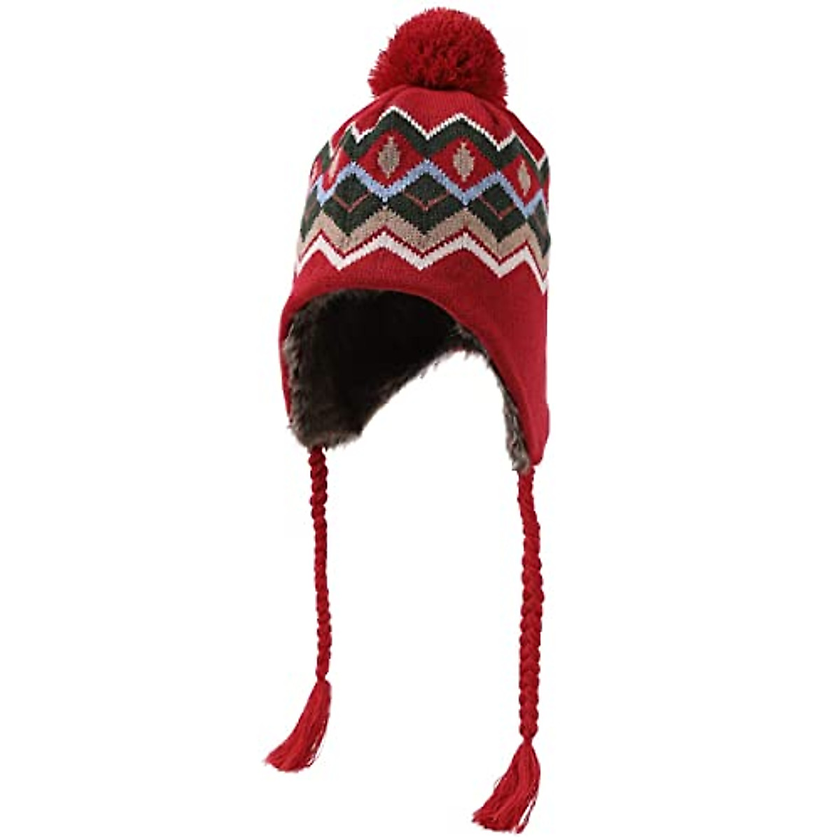 Comhats Winter Thick Peruvian Beanie Hat for Women Girl Wool Warm Ski Earflap Pompom Fur Skull Cap Red