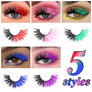 Colored Mink Lashes Fuffy 5 Colour Mixed Natueal Length Cat Eye Lashes with Half Color Dramatic Wispy Eyelashes Red Pink Green Blue Purple Soft Lashes Pack