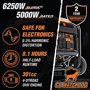 WEN GN625iX 6250-Watt RV and Transfer-Switch-Ready 120V/240V Open Frame Inverter Generator with CO Shutdown Sensor and Wheel Kit, Black/Orange