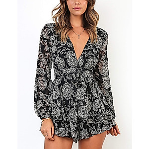 Relipop Women's Romper Floral Print V Neck Baggy Sleeve Waist Tie Layered Ruffle Hem Short Casual Summer Rompers Jumpsuits